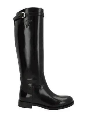 Prada Round Toe Zip Up Block Heel Long Leg Boots - Black