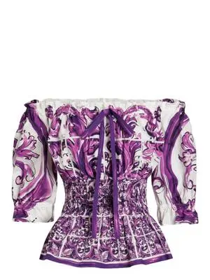 Dolce & Gabbana Majolica Print Off-the-shoulder Poplin Top - Multi-color