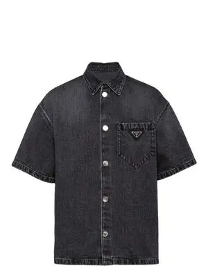 Prada Logo Plaque Short Sleeved Denim Shirt - Black