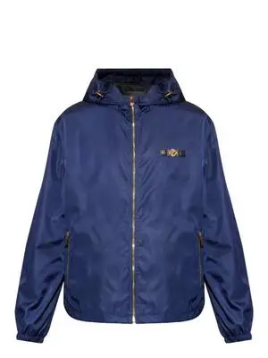 Versace Zip-up Hooded Jacket With Logo Detail - Navy Blue