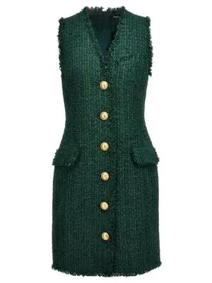 Balmain Sleeveless V-neck Tweed Dress With Back Zipper - Green