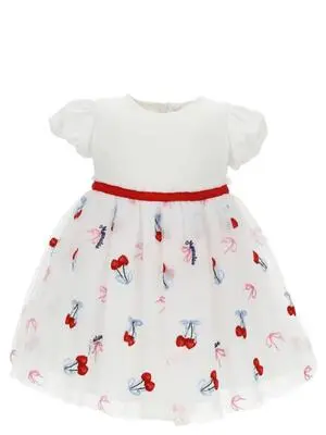 Monnalisa Cherry Embroidered Tulle Dress - White