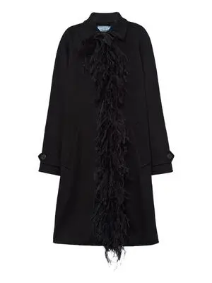 Prada Long-sleeved Belted Coat With Feather Details - Black