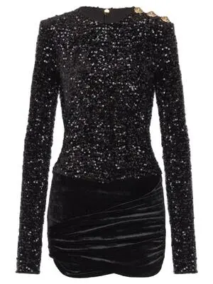 Balmain Sequined Velvet Draped Dress - Black