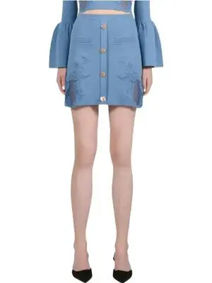 SELF-PORTRAIT Lace Inlaid Rib Knitted Skirt - Blue