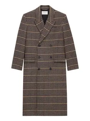 Saint Laurent Long Wool Check Double Breasted Coat - Black