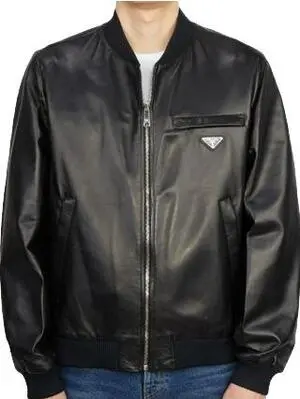 Prada Nappa Leather Bomber Jacket With Logo - Black