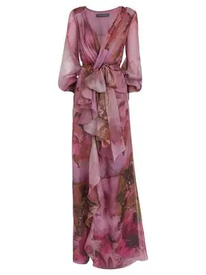 Alberta Ferretti Printed Long Sleeve V-neck Maxi Dress - Red