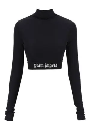 Palm Angels Cropped Long Sleeve High Neck Top - Black
