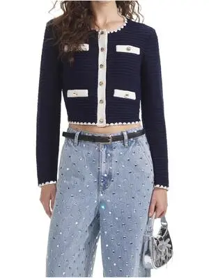 SELF-PORTRAIT Crocheted Button-front Cardigan - Navy Blue