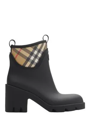 Burberry Round Toe Checked Heeled Boots - Black
