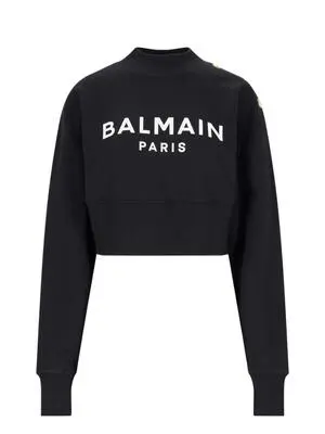 Balmain Logo Printed Crewneck Cropped Sweatshirt - Black
