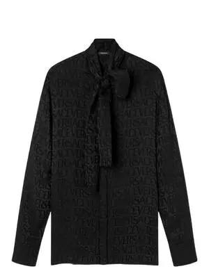 VERSACE Versace Allover Logo Print Satin Shirt With Tie Neck