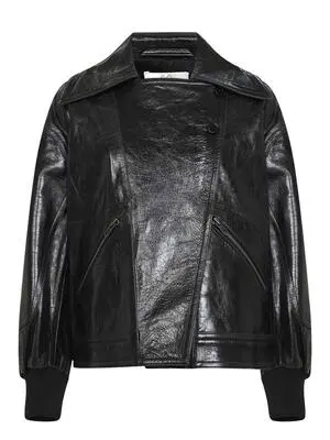 Co Asymmetric Textured Leather Coat - Black