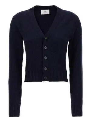 AMI Paris V-neck Knitted Cardigan With De Coeur Pattern - Black