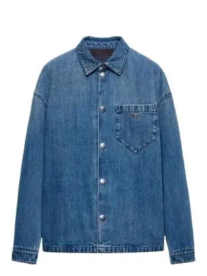 Prada Buttoned Logo Plaque Denim Shirt - Light Blue
