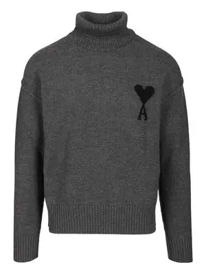 Ami Heart Logo Turtleneck Sweater - Grey