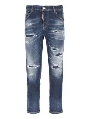 Dsquared2 Logo Patch Distressed Cropped Jeans - Blue