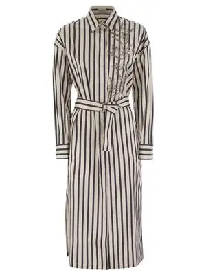 Brunello Cucinelli Striped Embroidered Belted Shirt Dress - Nude
