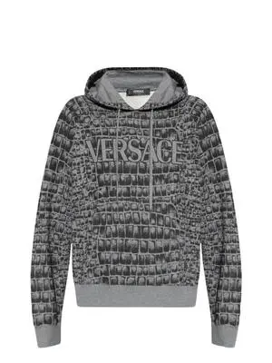 Versace Printed Drawstring Hoodie - Gray
