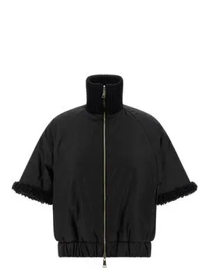Moncler Logo Patch High Neck Zip-up Short Sleeved Jacket - Black