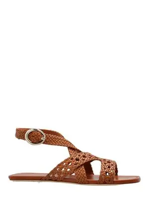 STUART WEITZMAN Square Toe Woven Flat Sandals With Buckle Detail - Brown