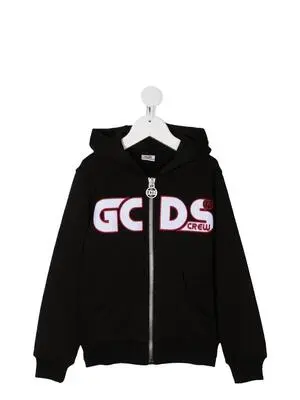 Gcds Logo Print Zip Hoodie - Black