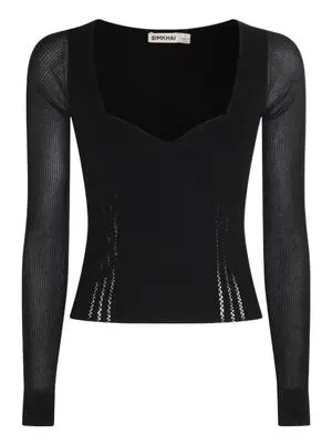 Simkhai Sweetheart Neck Fine Knit Top With Semi-sheer Sleeves - Black