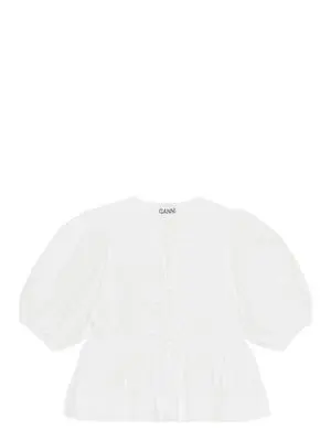 GANNI Poplin Peplum Tie Blouse - White