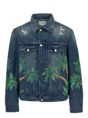 Casablanca Tennis Club Washed Denim Jacket With Palm Tree And Bird Embroidery - Blue