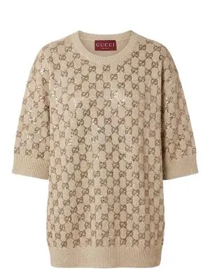 Gucci Sequined Monogram Crew Neck Sweater - Beige