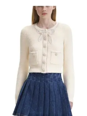 SELF-PORTRAIT Faux Pearl-embellished Cropped Cardigan With Bow Detail - Multicolor
