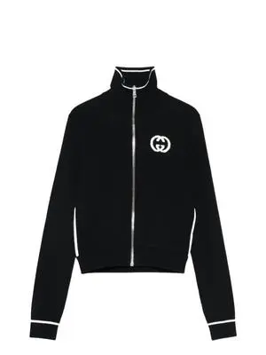 Gucci Ribbed Zip Jacket With Interlocking G Intarsia - Black