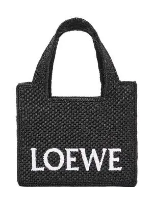 Loewe Mini Font Tote In Raffia - Black