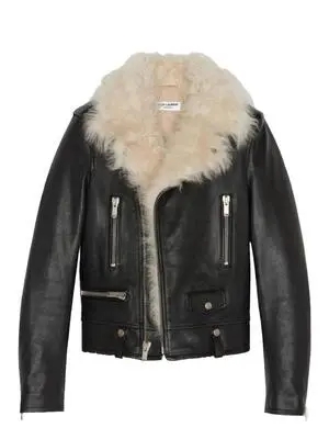 Saint Laurent Leather Biker Jacket With Fur Collar - Black