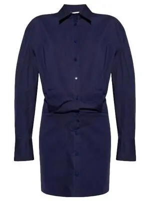 Attico Draped Long-sleeved Shirt Dress - Navy Blue