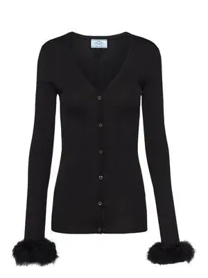 Prada Ribbed Cardigan With Feather Cuffs - Black