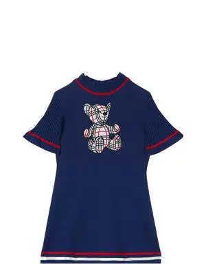 Burberry Jacquard Bear Knit Dress With Ruffled Collar - Blue