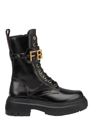 Fendi Logo Plaque Lace-up Biker Boots - Black