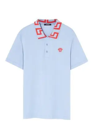 Versace Medusa Embroidered Short Sleeved Polo Shirt - Blue