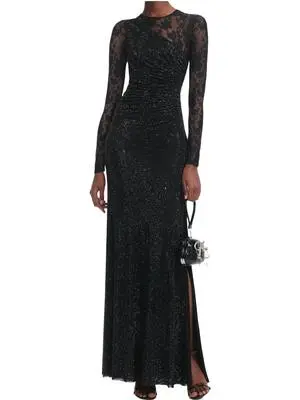 SELF-PORTRAIT Rhinestone Lace Sleeve Maxi Dress - Black