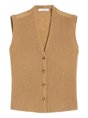 Max Mara V-neck Button-up Gilet With Jacquard Back And Belted Waist - Camel