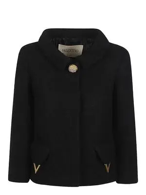 Valentino Garavani Curly Wool Jacket With Gemstone Button Detail - Black