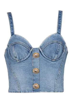 Balmain Denim Bustier Top With Decorative Buttons - Blue