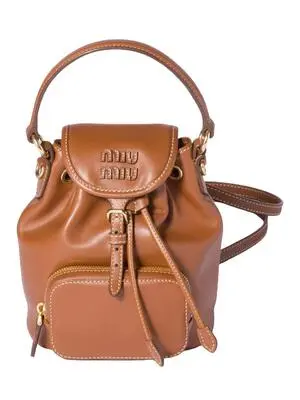 Miu Miu Leather Mini Backpack With Logo Detail - Cognac