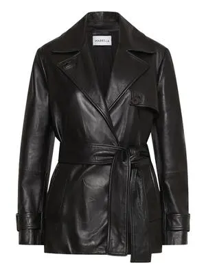 Marella Leather Trench Coat With Belt And Notched Lapels - Black