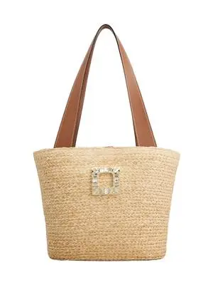 ROGER VIVIER Small Shopping Bag In Raffia With Crystal Buckle - Brown, Natural Color