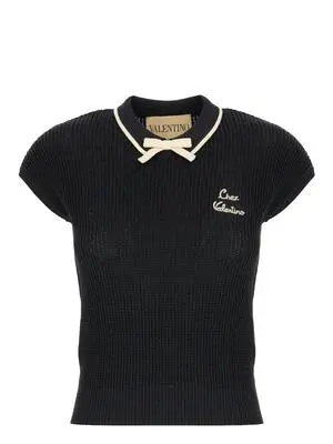 Valentino Garavani Ribbed Knit Polo With Bow Detail - Black
