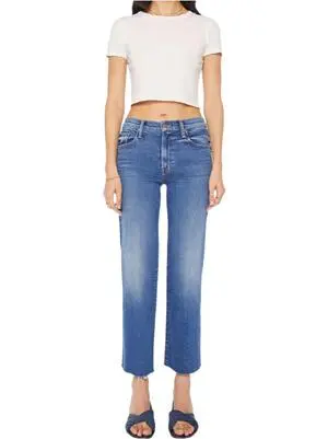 MOTHER The Mid Rise Rambler Zip Ankle Fray Jeans - Blue