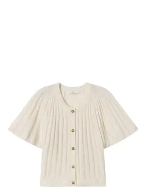 FRAME Ribbed Knit Short Sleeve Cardigan With Gold Buttons - Cream